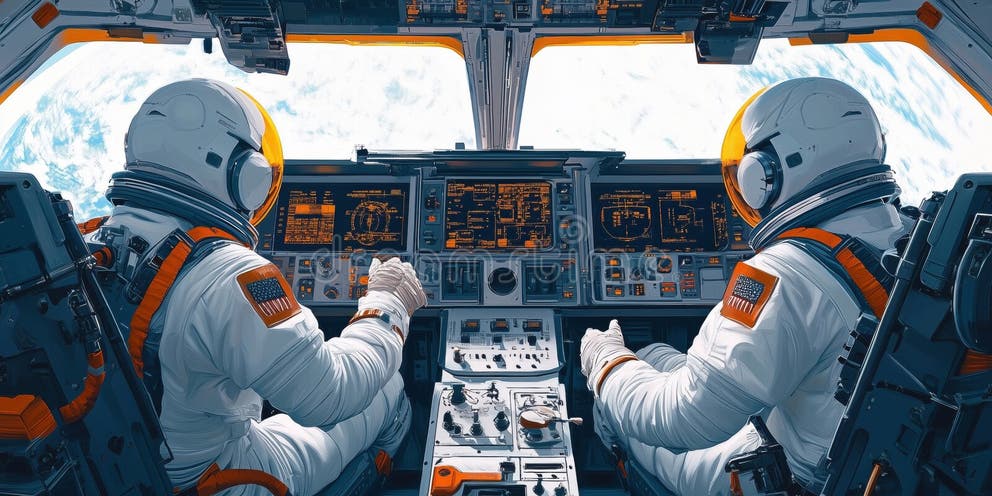 Astronauts Operating Spacecraft Cockpit with Advanced Technology and ...