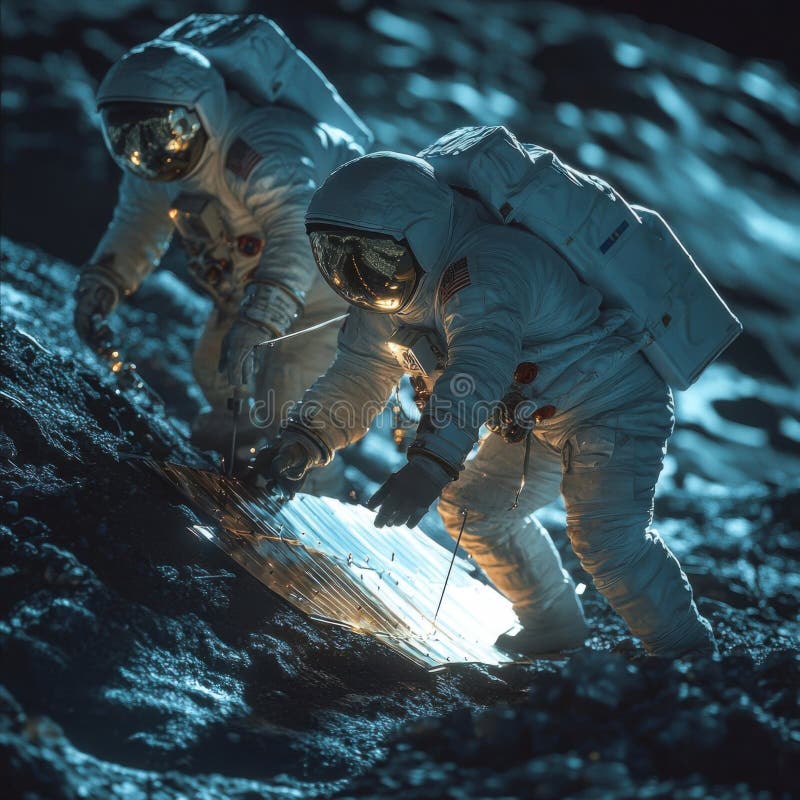 Astronauts Performing Experiments on the Moon S Surface at Night Stock ...