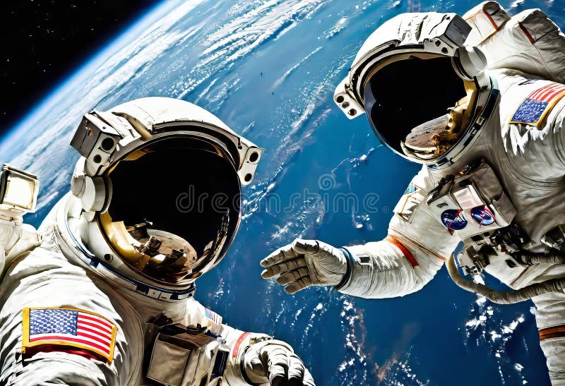 Astronauts Performing Spacewalk in Deep Space, Repair Work on Station ...