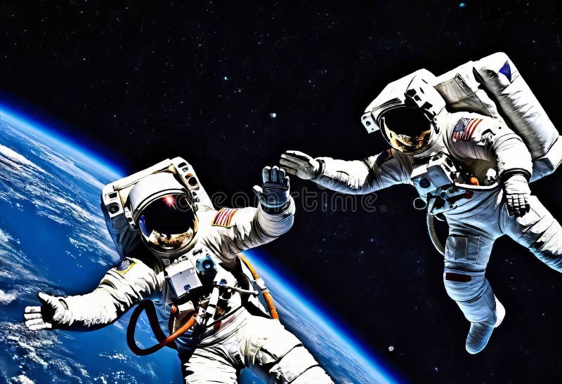 Astronauts Performing Spacewalk in Deep Space, Repair Work on Station ...