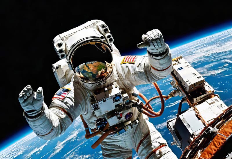 Astronauts Performing Spacewalk in Deep Space, Repair Work on Station ...