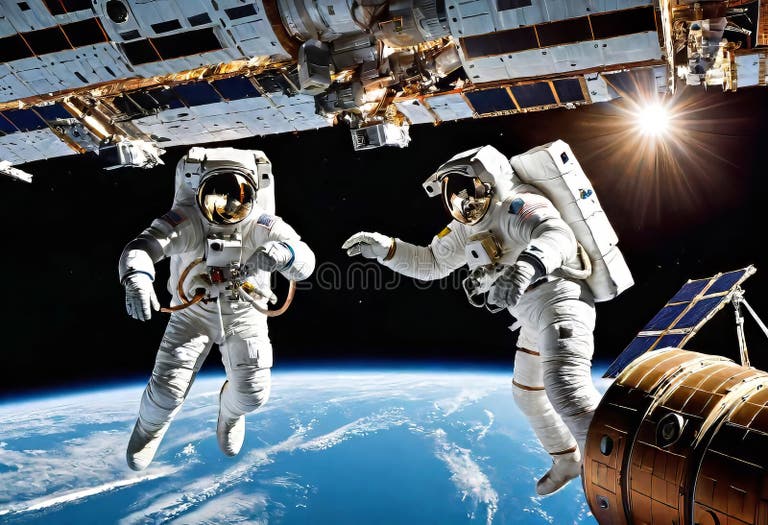 Astronauts Performing Spacewalk in Deep Space, Repair Work on Station ...