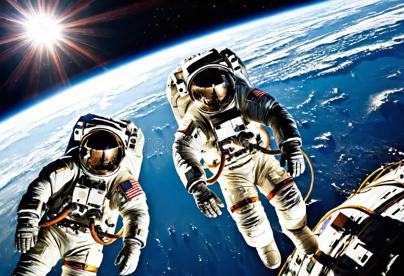 Astronauts Performing Spacewalk in Deep Space, Repair Work on Station ...