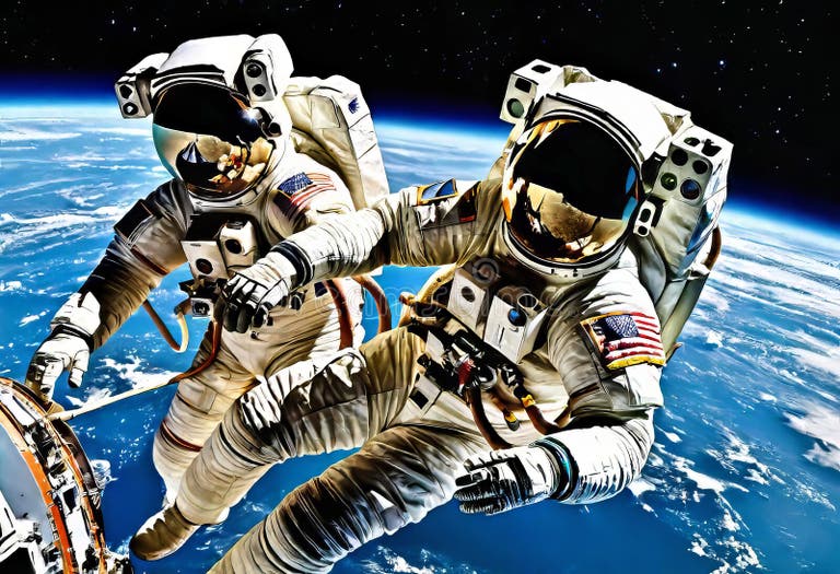Astronauts Performing Spacewalk in Deep Space, Repair Work on Station ...