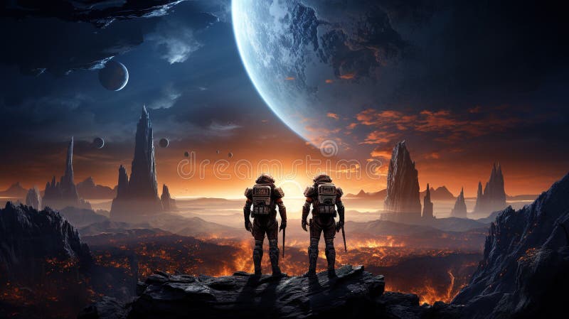 Astronauts in Alien World in Deep Space Looking at Strange Planet Stock ...