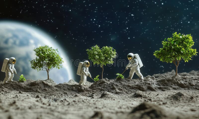 Astronauts Planting Trees on Moon Surface, Cosmic Background, Earth ...
