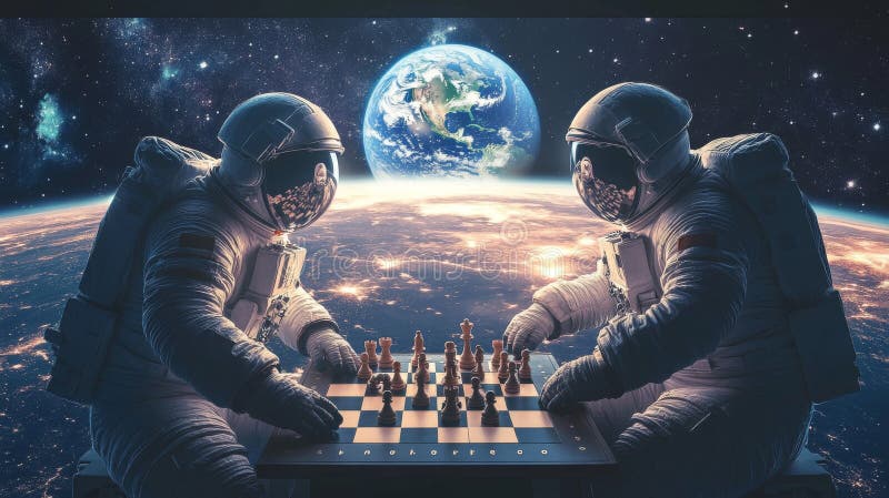 Astronauts Playing Chess in Outer Space with Earth in Background Stock ...
