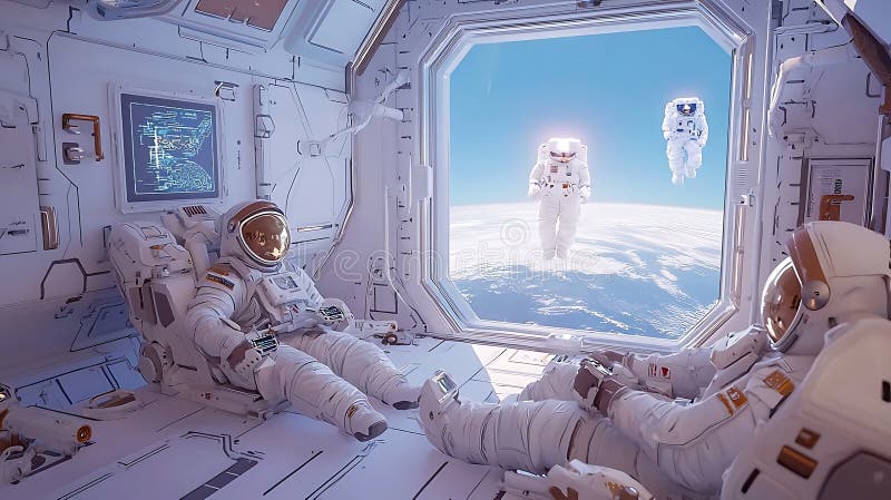 Astronauts Relaxing in Spaceship, Earth View Stock Illustration ...