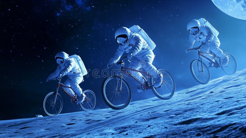 Astronauts Riding Bicycles on the Lunar Surface at Night Stock ...
