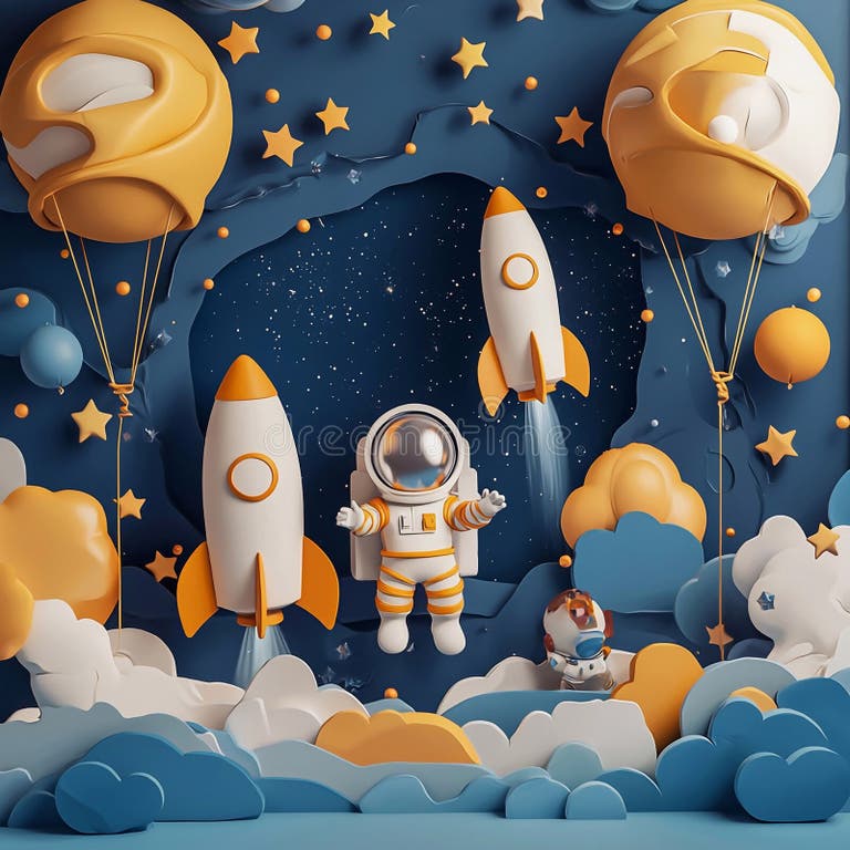 Astronauts and Rocket Chip Backdrop, in the Style of Space Birthday Bacdrop Stock Illustration ...
