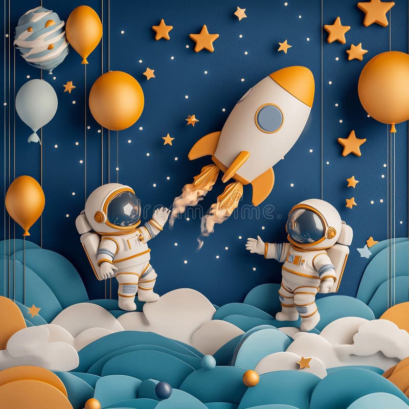 Astronauts and Rocket Chip Backdrop, in the Style of Space Birthday ...
