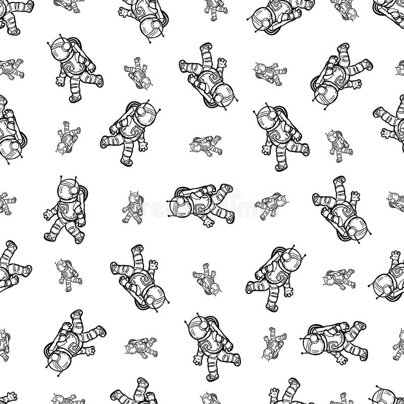 Astronauts Seamless Pattern. Black and White Doodle. Space Adventures ...