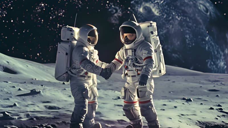 Astronauts Shaking Hands on the Lunar Surface with Earth in the ...