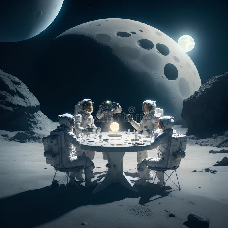Astronauts Sitting at Around Table on the Moon with a Mystical ...