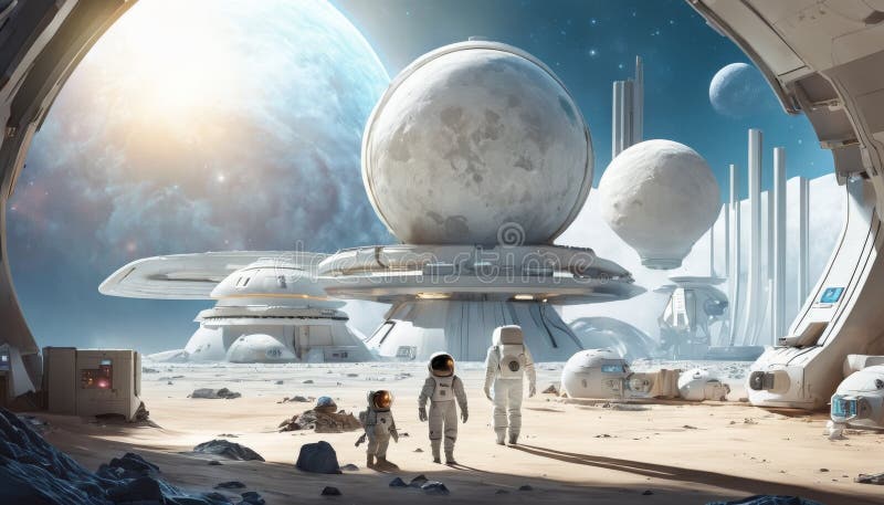 Astronauts on a Space Colony Stock Photo - Image of moon, exploration ...