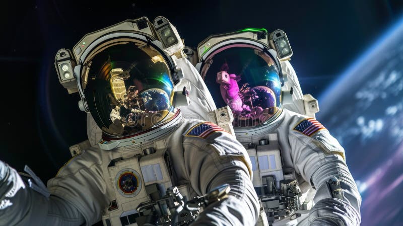Astronauts in Space with Earth Reflection Stock Photo - Image of ...