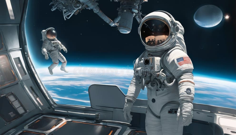 Astronauts in Space Shuttle with Earth View Stock Image - Image of ...