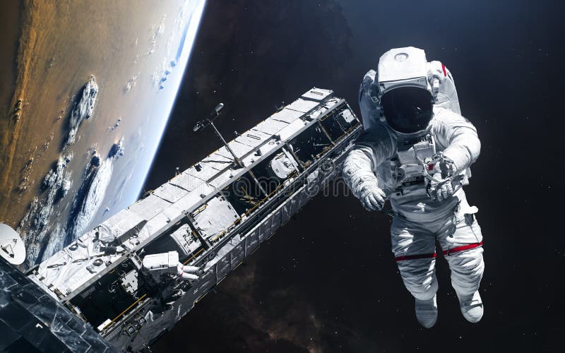 Astronauts, Space Station in Orbit of Planet Earth. Solar System Stock ...