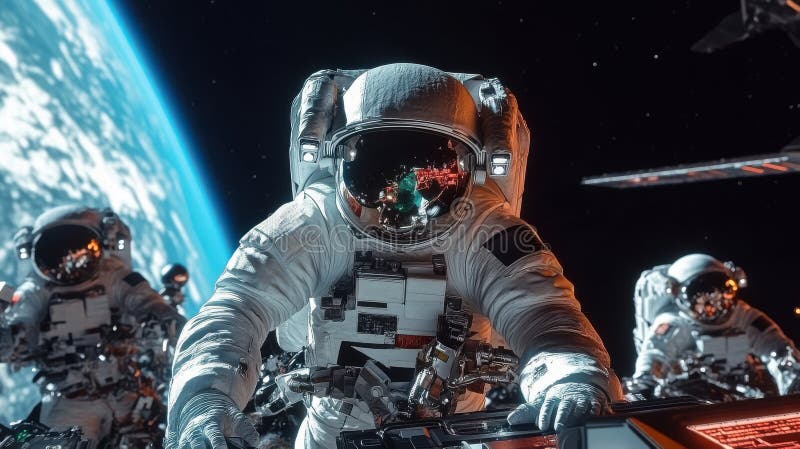 Astronauts on a Space Station Orbiting Earth Work Together in Space ...