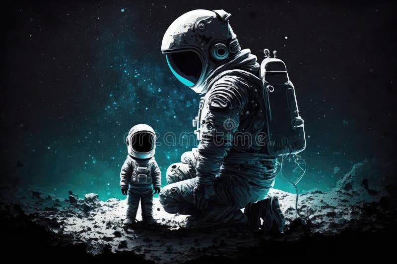 Astronauts in Space Suits on Unknown Planet Surface. Father and Son ...