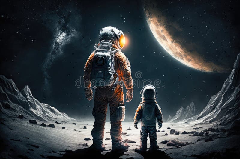 Astronauts in Space Suits on Unknown Planet Surface. Father and Son ...