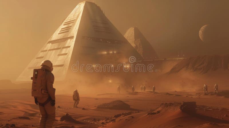 Astronauts Exploring Futuristic Pyramids on Mars at Sunset Stock Image ...