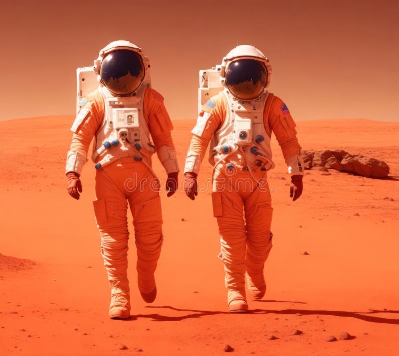 Astronauts in Spacesuits Walking on the Surface of Mars Stock ...