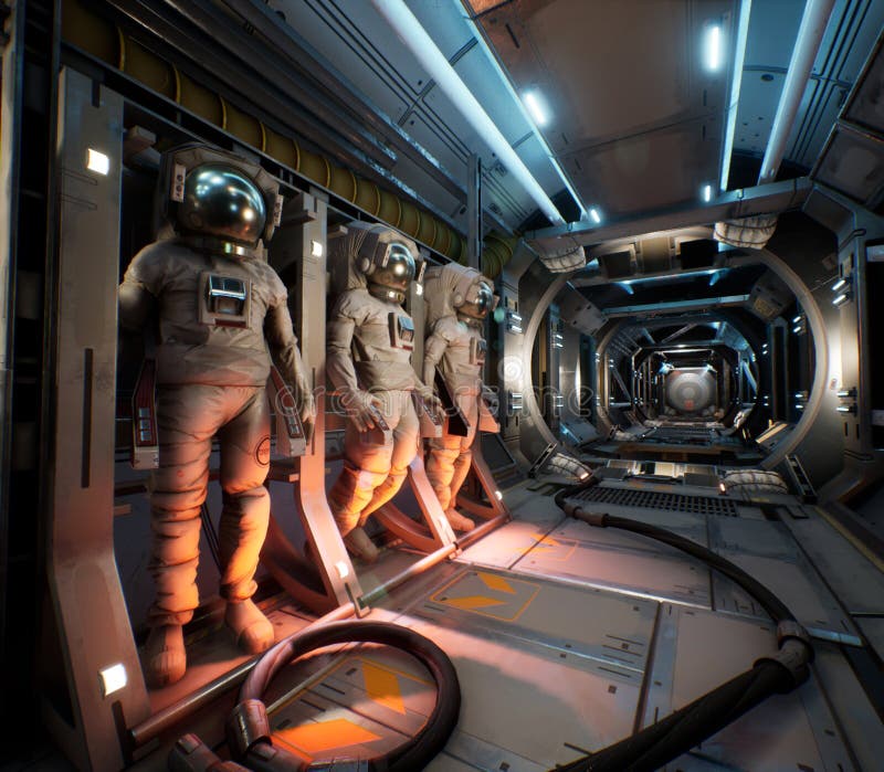 Astronauts Suits Inside a Space Station S Corridor Stock Image - Image ...