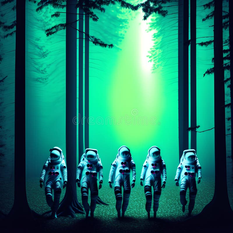 Astronauts Wading through Spooky Forest, Generative AI Illustration ...