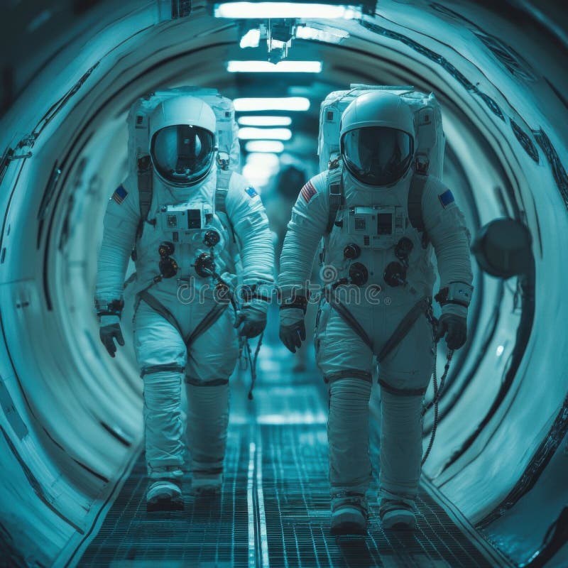 Astronauts Walking through an Illuminated Spacecraft Corridor Stock ...
