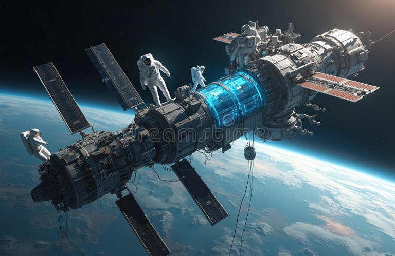 Astronauts Work on Space Station Orbiting Earth. Crew Performs ...