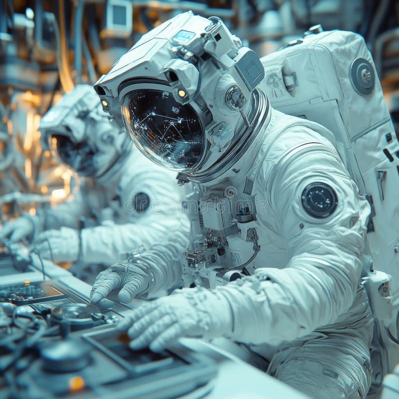 Astronauts Working High Tech Space Laboratory Environment Stock Photos ...