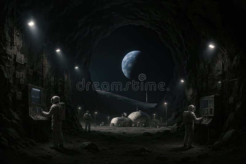 Astronauts Working at a Lunar Base Under Earthlight Inside a Cave Stock ...