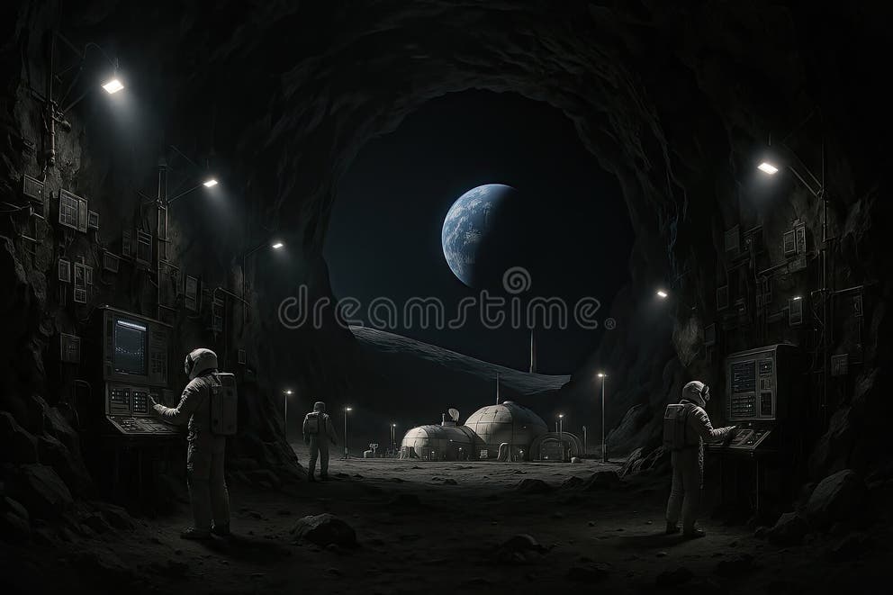 Astronauts Working at a Lunar Base Under Earthlight Inside a Cave Stock ...