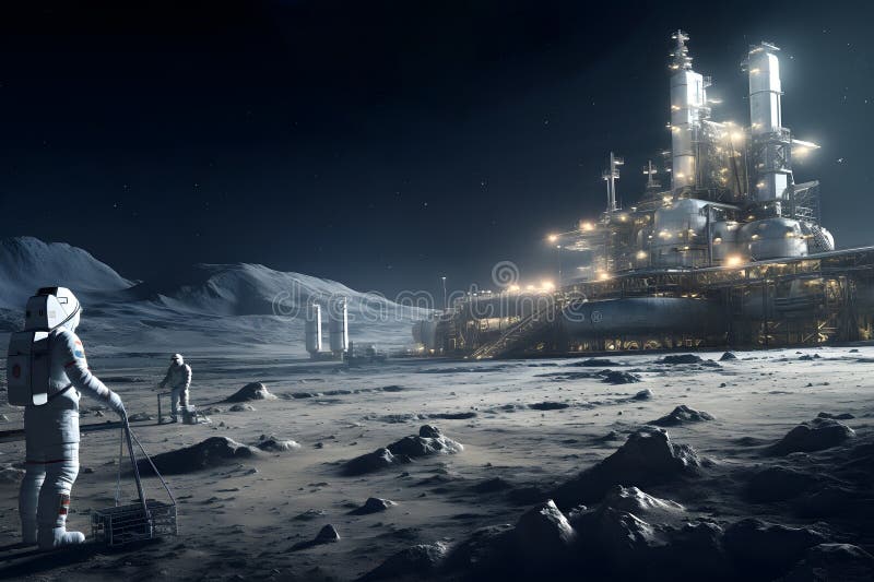 Astronauts Working in the Moon Surface Near a Permanent Base Camp Stock ...