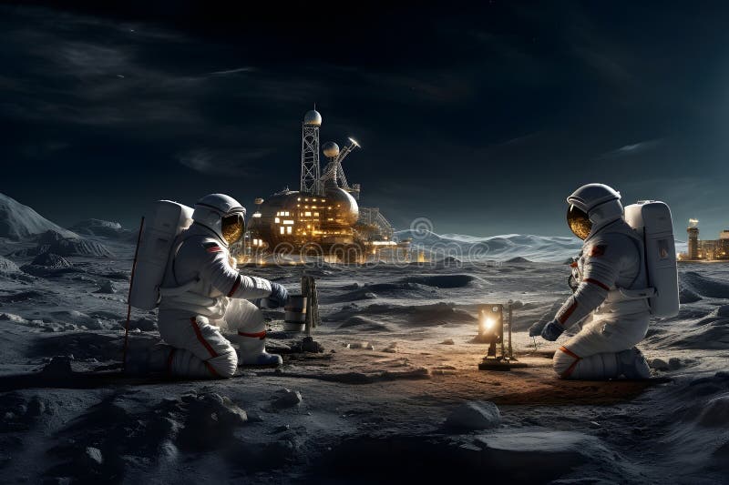 Astronauts Working Taking Samples in the Moon Surface Near a Permanent ...