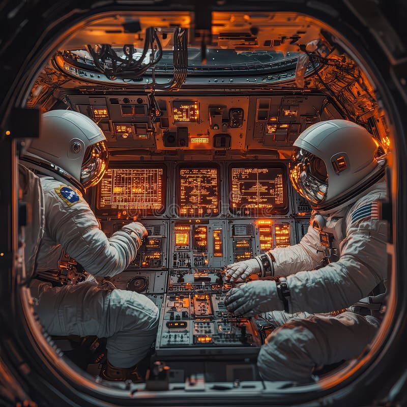 Astronauts Working Together Inside a Spacecraft Control Room Stock ...