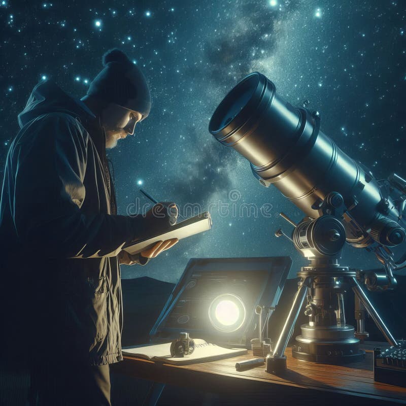 Astronomer Documenting Night Sky Observations with Telescope and ...