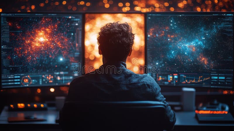 Astronomer Observing the Cosmos on Multiple Computer Screens Stock ...