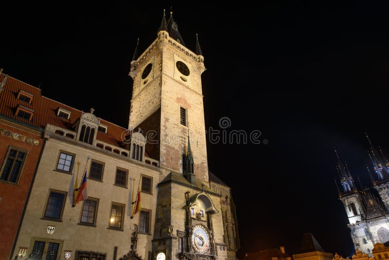 Astronomical Clock Tower at Old Town Square at Night in Prague, Czech ...