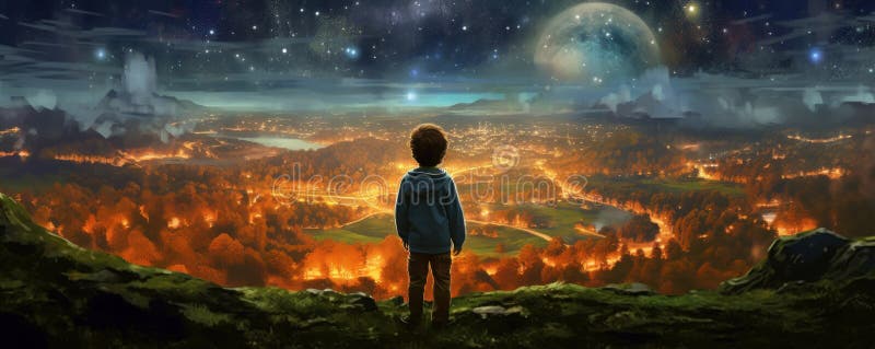 Astronomical Curiosity Boy Observing Night Sky Illustration. Generative ...