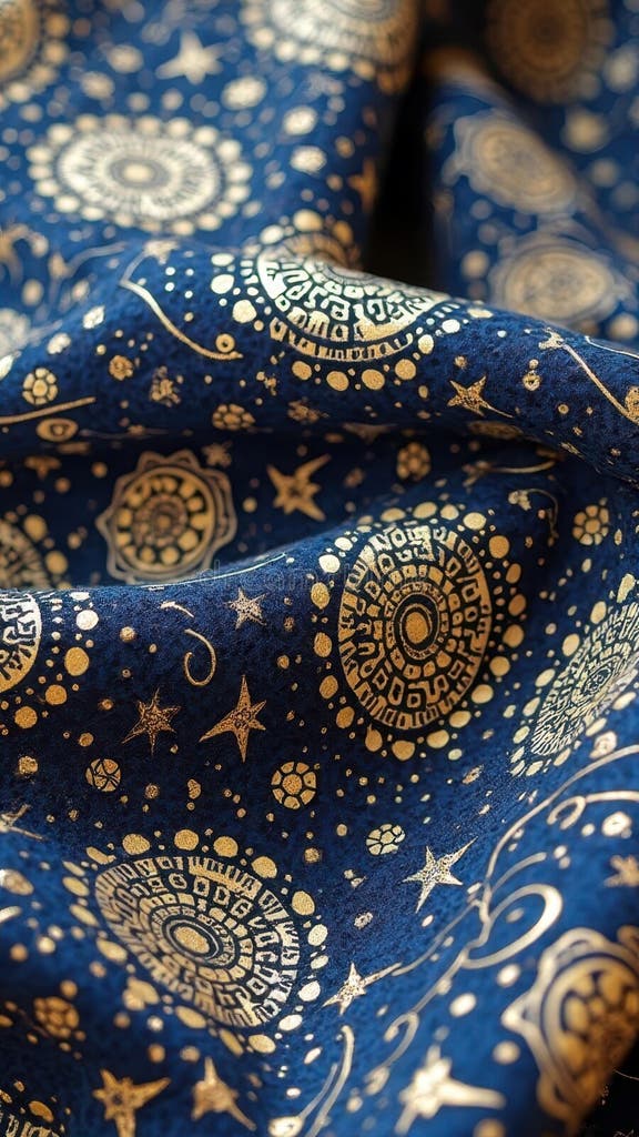 Astronomical Designs on Blue Fabric with Celestial Gold Patterns Stock ...
