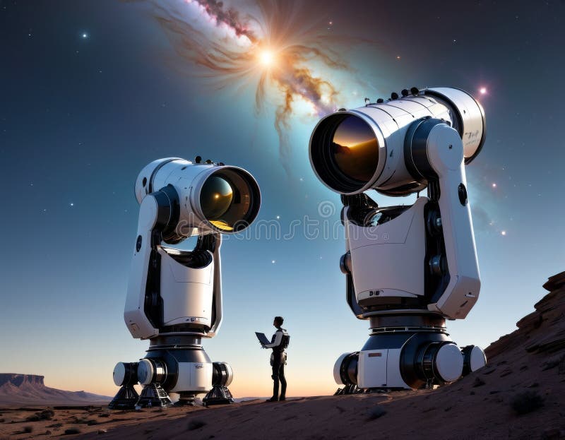 Astronomical Robots Observing Distant Galaxies Stock Photo - Image of ...