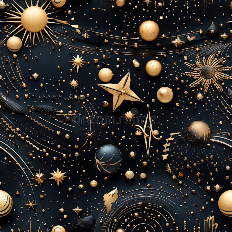 Astronomical Space Pattern with Golden Stars and Planets (tiled) Stock ...