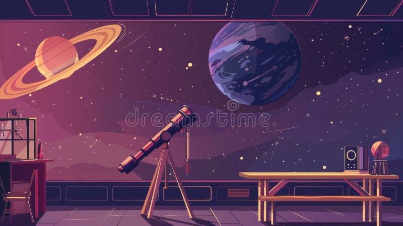 Astronomy Classroom with Telescope and Planetary View in the Night Sky ...