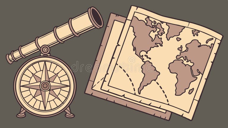 Astronomy and Exploration Kit with Telescope, Map, and Globe, Vector ...