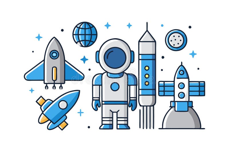 Astronomy and Space Themed Vector Set with Rockets, Astronaut, Planets ...