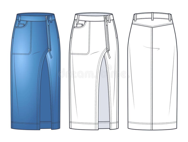 Asymmetric Denim Skirt Technical Fashion Illustration Midi Skirt