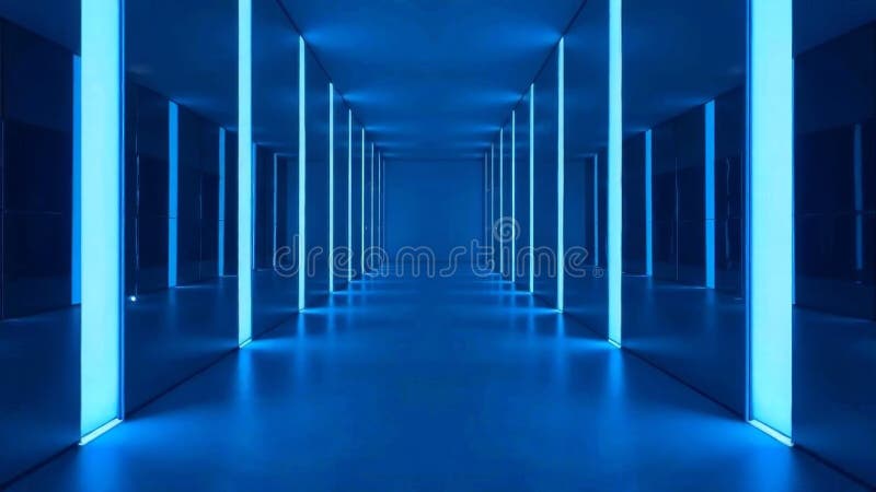 Asymmetrical Room, Dark Blue Gradient Color Tunnel, Mirrored Walls ...