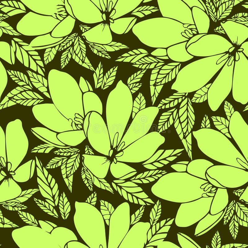 Asymmetrical Seamless Floral Green Outline Pattern on Olive Background ...